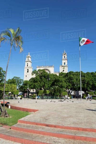 Mexican flag, Plaza Grande, Cathedral de IIdefonso in the background ...
