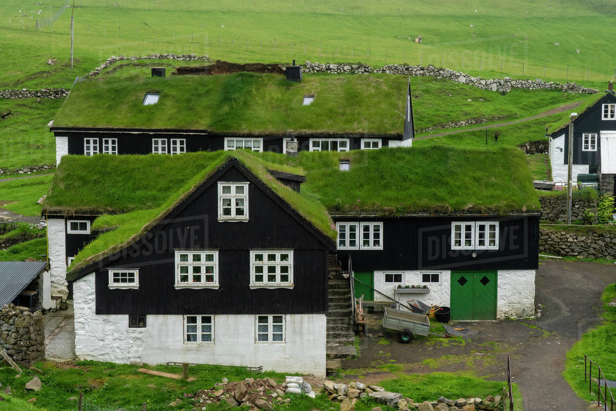 Houses with turf roofs, Mykines Island, Faroe Islands, Denmark, Europe ...