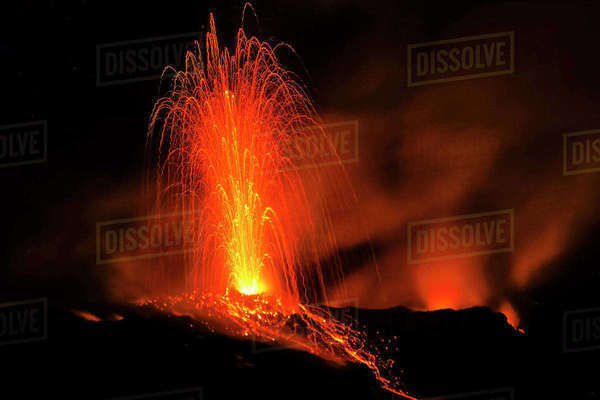 Lava bombs erupt from one of many vents on volcano, active for at least ...