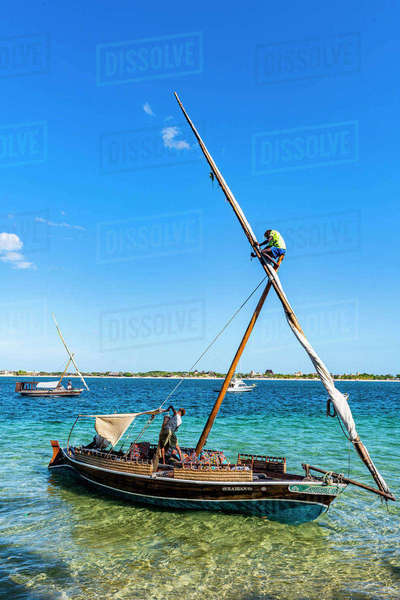 Boy climbing on the mast of a traditional dhow, island of Lamu, Kenya ...