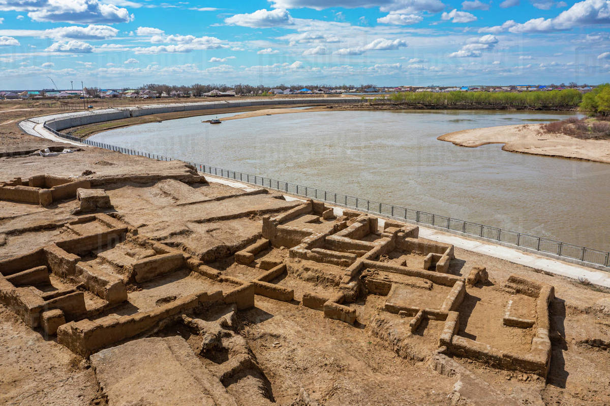 Aerial of Saray-Juk ancient settlement on the Ural Rver, Atyrau ...