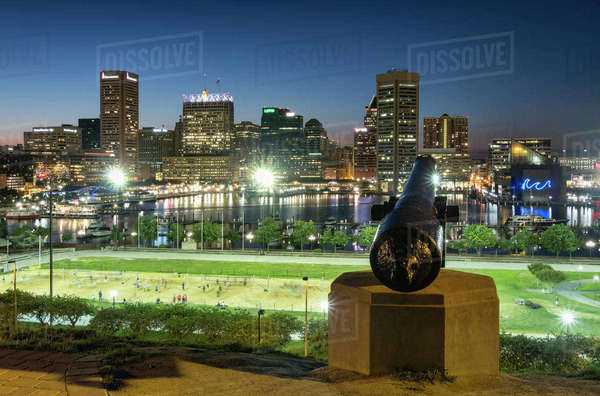 Baltimore city skyline and Inner Harbour at night from Federal Hill ...