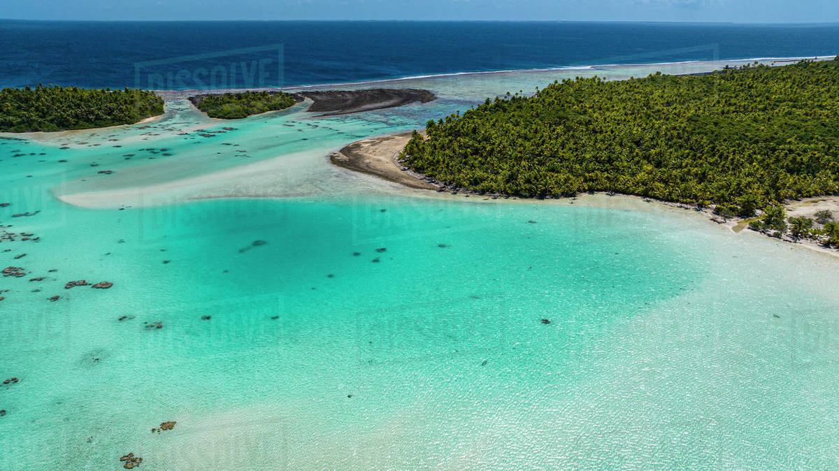 Aerial of the Blue Lagoon, Rangiroa atoll, Tuamotus, French Polynesia ...