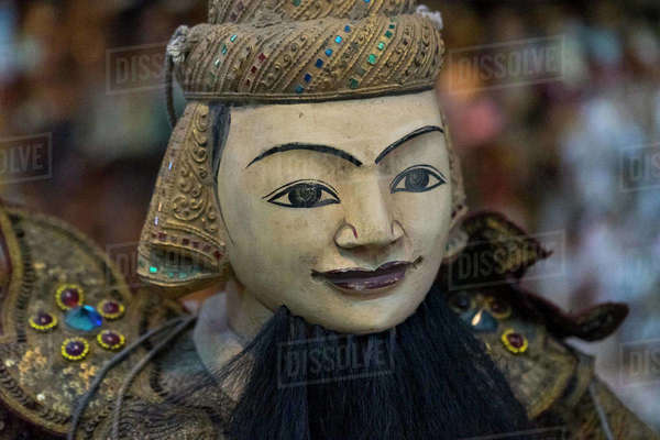 Close-up of Burmese puppet (Yoke the) (marionette) hanging from strings ...