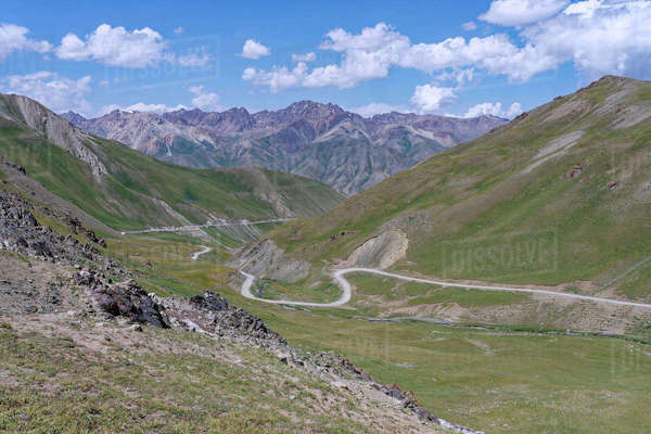 High mountain pass and mountains peaks, Tuluk valley, Naryn region ...