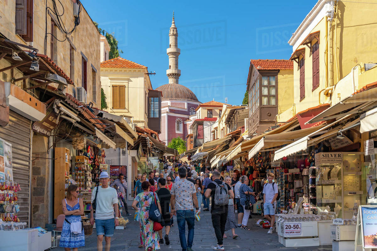 View of Mosque of Suleiman and shops on Soktratous, Old Rhodes Town ...