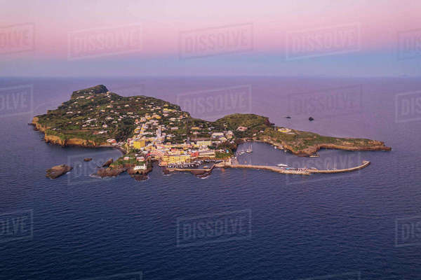 Aerial view of Ventotene island at dawn, Pontine Islands, Tyrrhenian ...