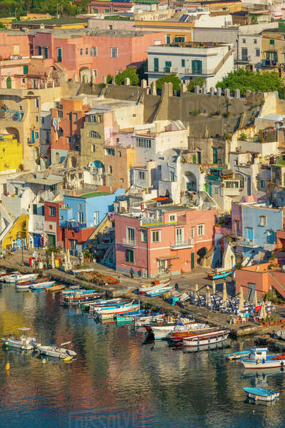 Aerial of Marina di Corricella, Procida, Flegrean Islands, Campania ...