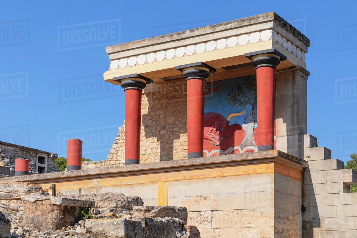 Palace of Minos, restored north entrance, ancient city of Knossos ...