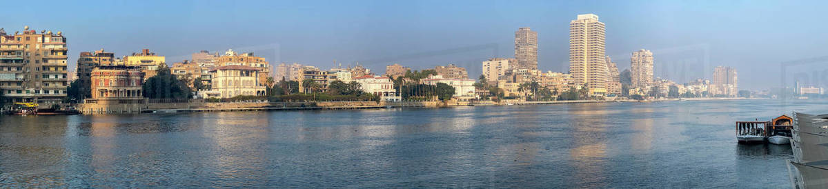 A panoramic view of the waterfront along the West Bank of the Nile ...
