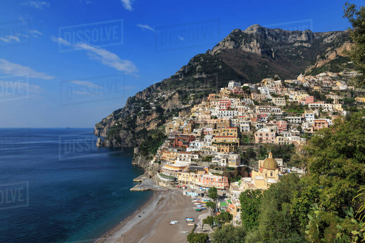 Elevated view of Positano town, church and beach in spring, Amalfi ...