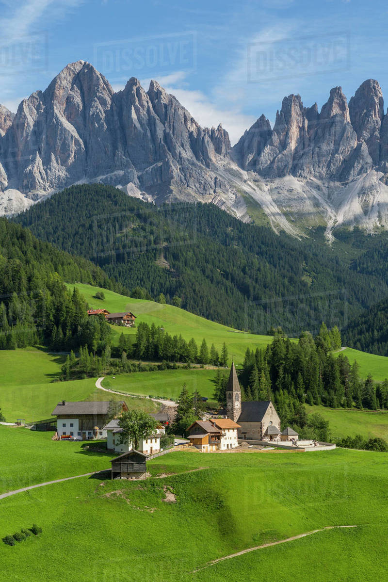 View of Church and mountain backdrop, Val di Funes, Bolzano Province ...