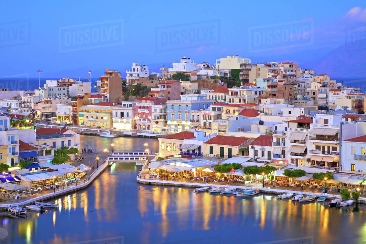 Agios Nikolaos Harbour from an elevated angle at dusk, Agios Nikolaos ...