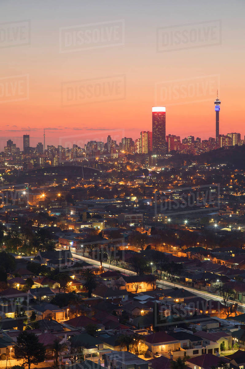 View of skyline at sunset, Johannesburg, Gauteng, South Africa, africa ...