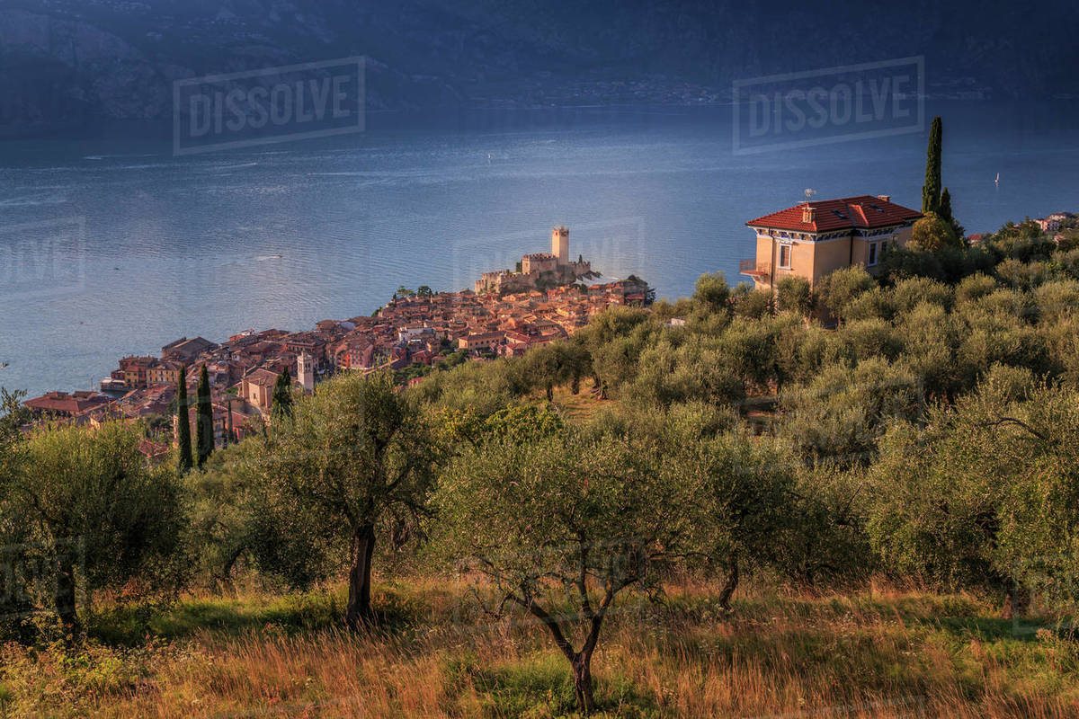 Elevated view of Castello Scaligero (Scaliger Castle), Malcesine, Lake ...