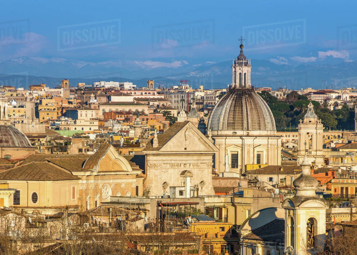 Historic Rome city skyline with domes and spires seen from Janiculum ...