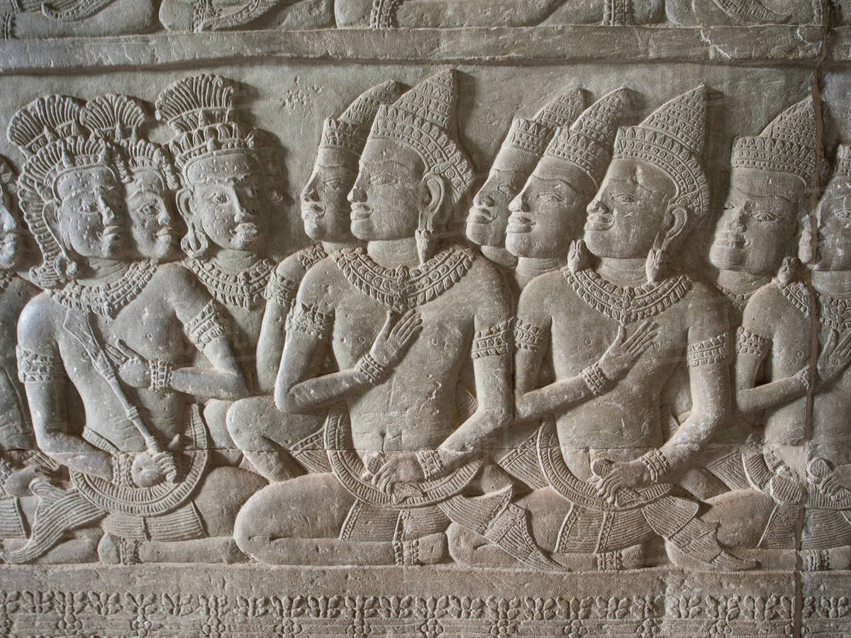 Wall carving, Angkor Wat, UNESCO World Heritage Site, near Siem Reap ...