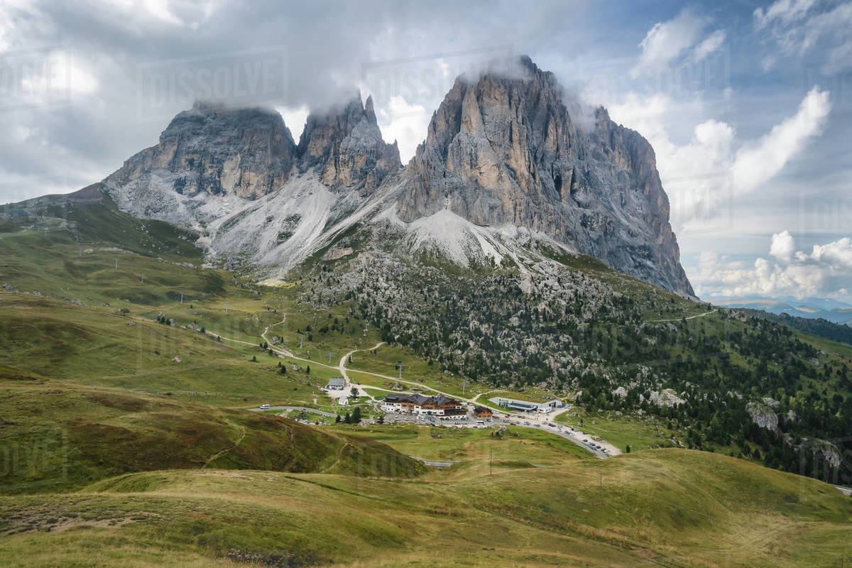 Aerial view of Passo Sella - Sellajoch and mountain Sassolungo ...