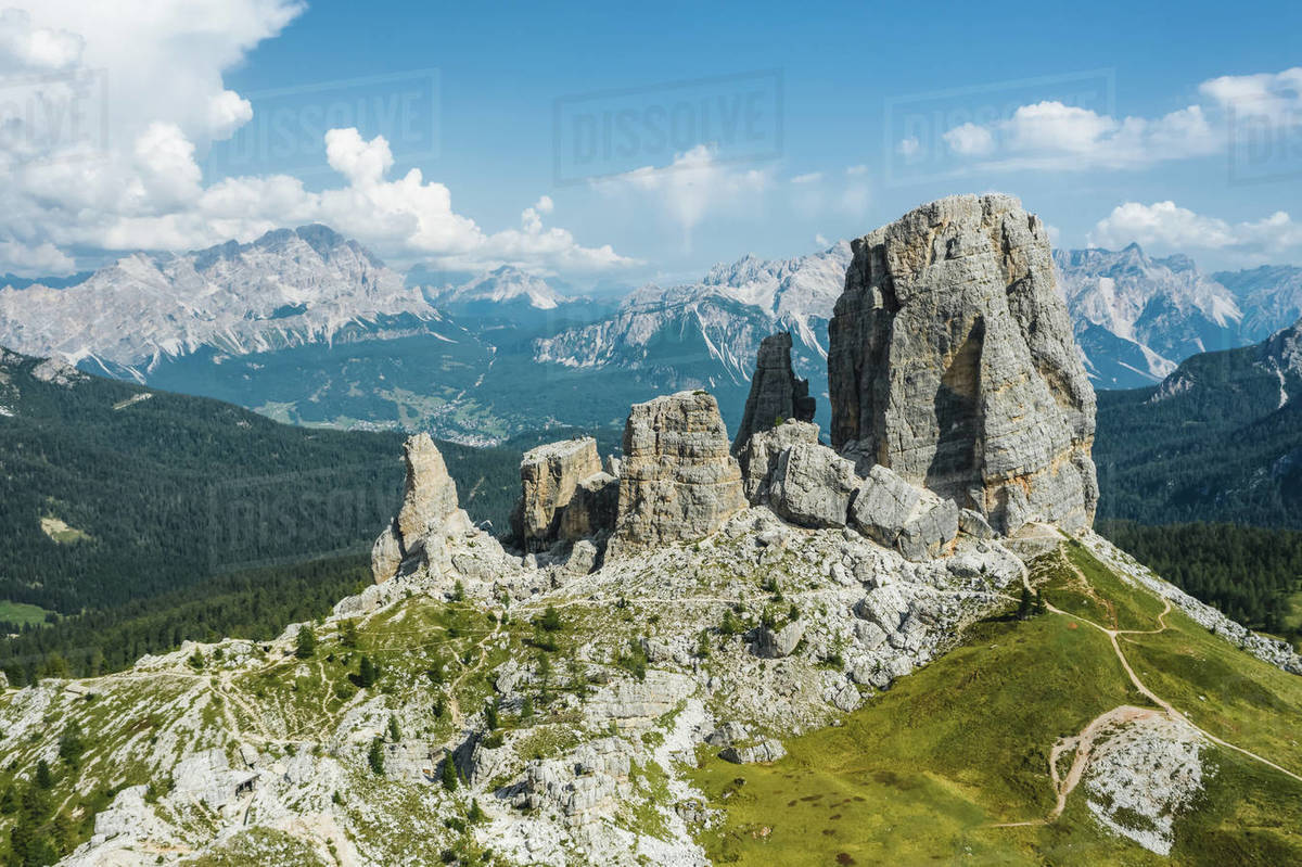 Aerial view of Cinque Torri in Dolomites mountains in Italy. Epic ...