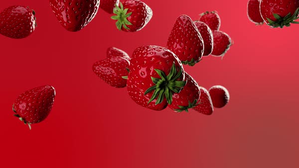 Red Strawberry fruit drop down falling from top. 3D animation ...