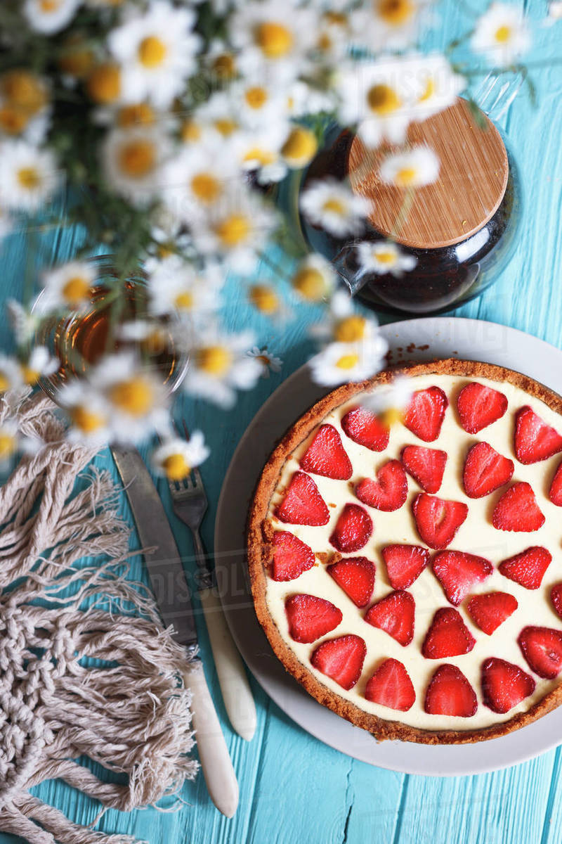 Delicious and beautiful breakfast. cheesecake with strawberries on a ...
