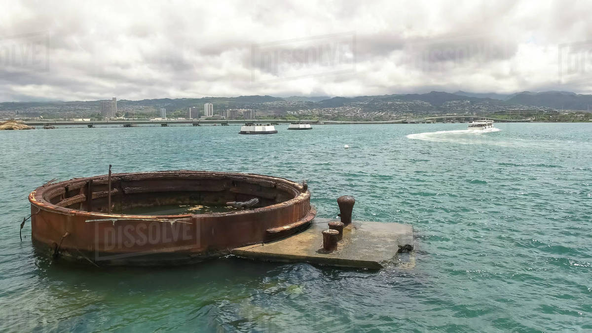 Close up of the remains of a gun turret at the arizona memorial at ...