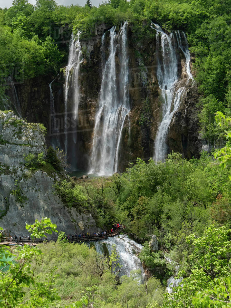 top section of the large veliki slap waterfall at plitvice lakes ...