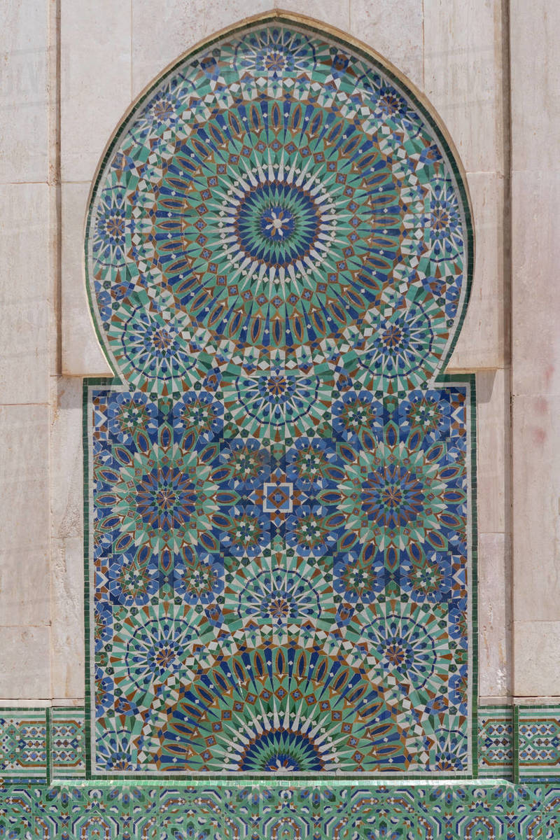 decorative blue mosaic patterns on a wall at hassan ii mosque in ...