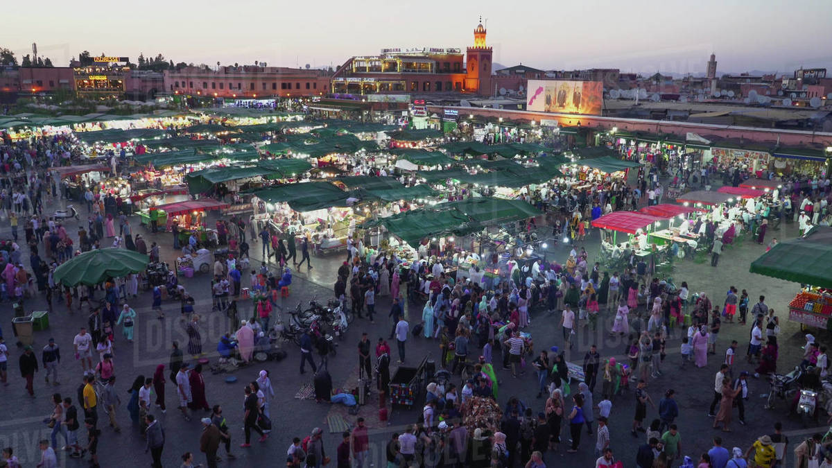 MARRAKESH, MOROCCO: night view of food stalls at the jemaa el-fnaa ...