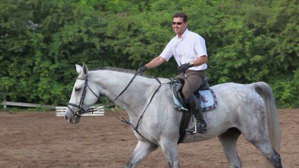 Horseman rides on horseback by equestrian field and says something at ...