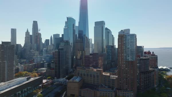 Elevated shot of tall modern high rise apartment and office buildings ...