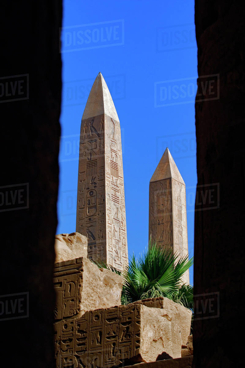 The two Obelisks of Queen Hatshepsut viewed between columns of the ...