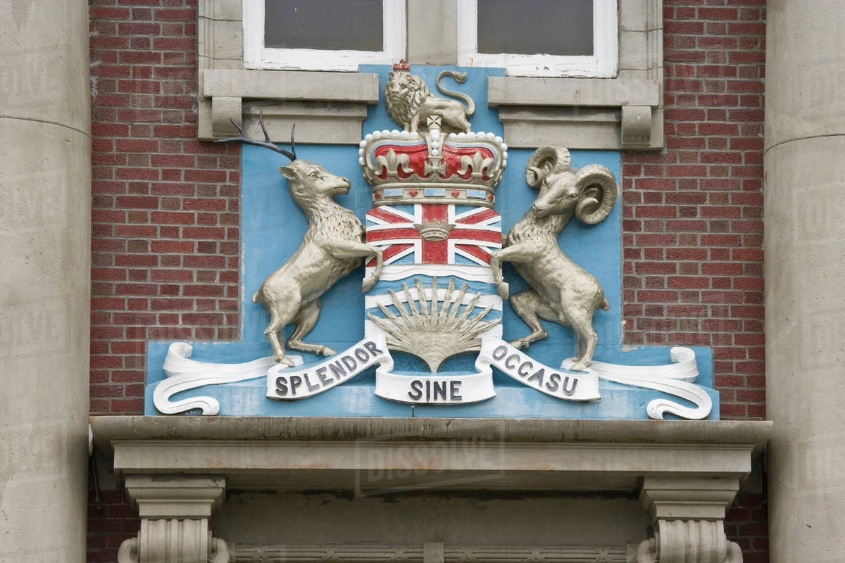 Canada, British Columbia, Prince Rupert. Coat of arms over doorway ...