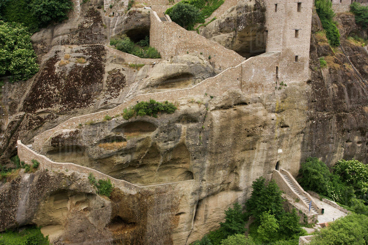 Greece, Meteora. Winding staircase to Grand Meteora Monastery ...