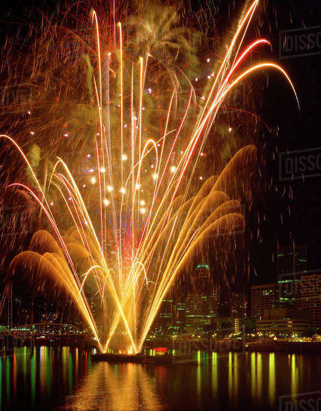 USA, Oregon, Portland, Independence Day fireworks being launched off of ...
