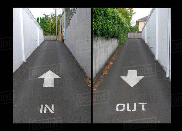 USA, Oregon, Portland. Entrance and exit from alley directed by arrows ...