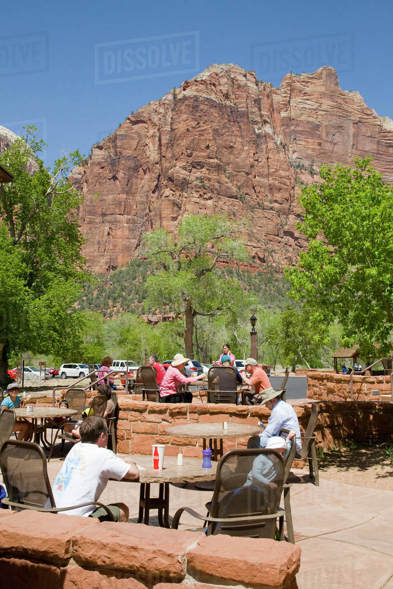 UT, Zion National Park, outdoor dining area at Zion Lodge, located in ...