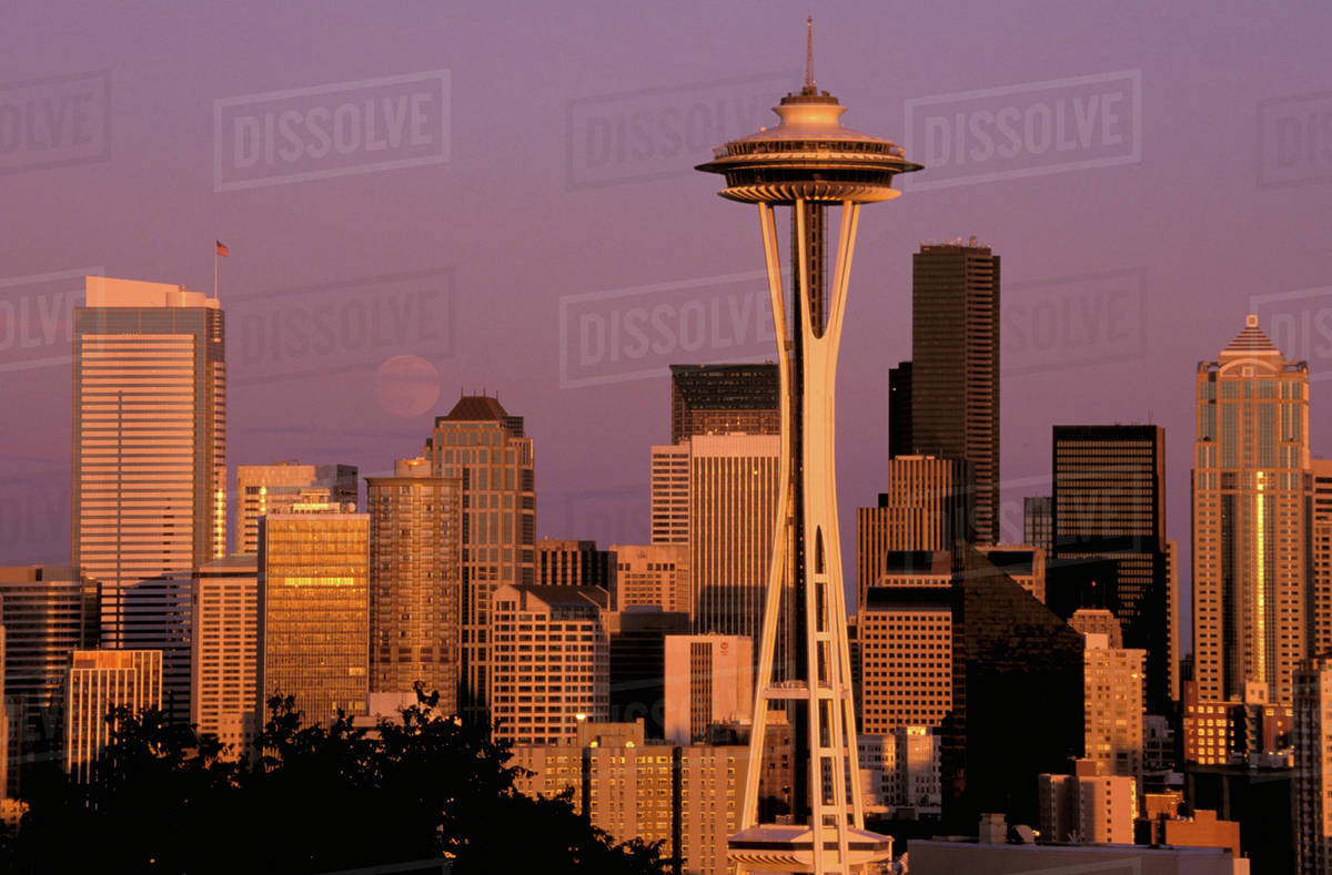 North America, USA, Washington State, Seattle. Space Needle and moon ...
