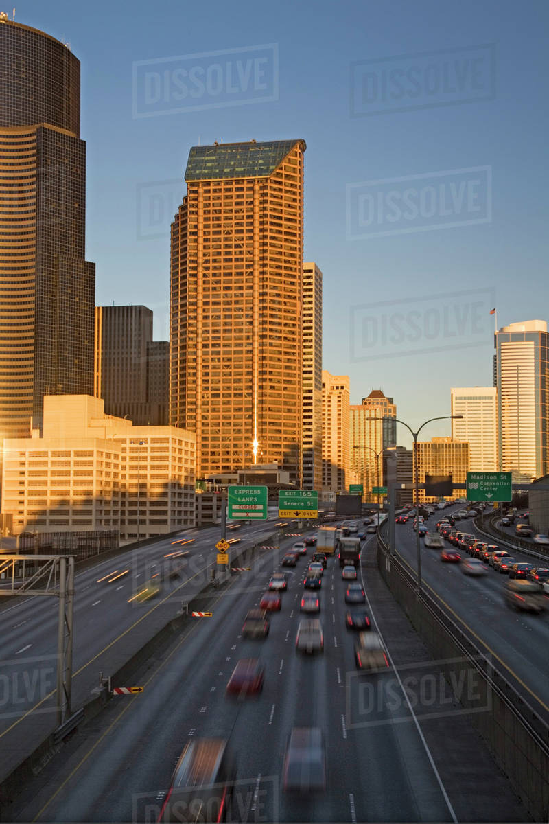 WA, Seattle, Seattle skyline and Interstate 5 from Yesler Way overpass ...