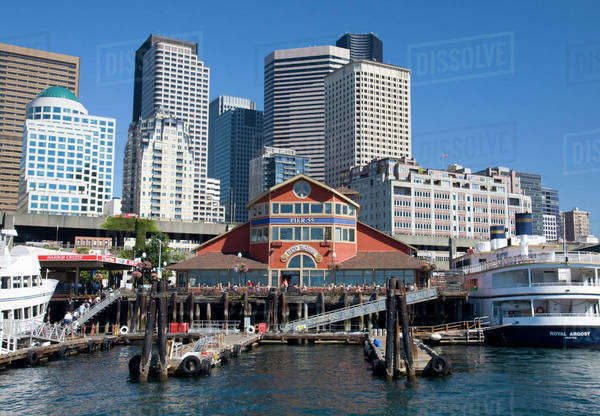 WA, Seattle, Pier 55 and Seattle skyline from Elliott Bay - Royalty ...