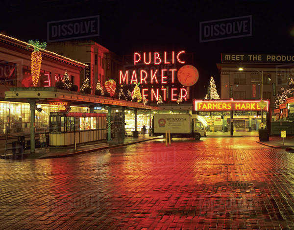 WA, Seattle, Market Entrance at Pike Place Market before dawn - Stock ...