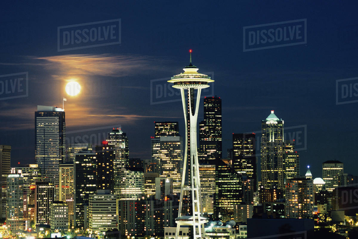 Washington, Seattle, Skyline at night from Kerry Park Seattle - Royalty ...