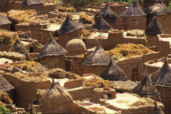 Flat and conical roofs in the Bandiagara plateau village of Songo ...
