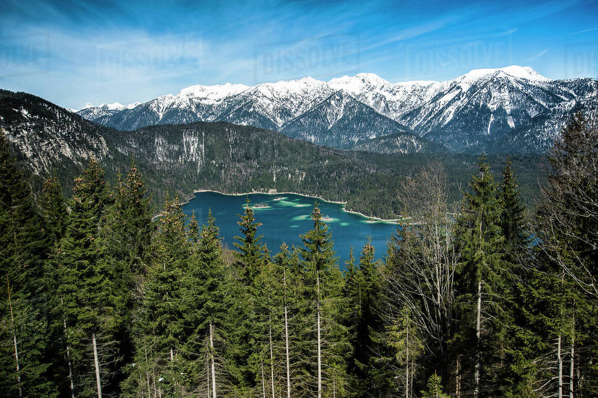 Eibsee, Bavarian Alps, Germany with snow in mountains - Stock Photo ...