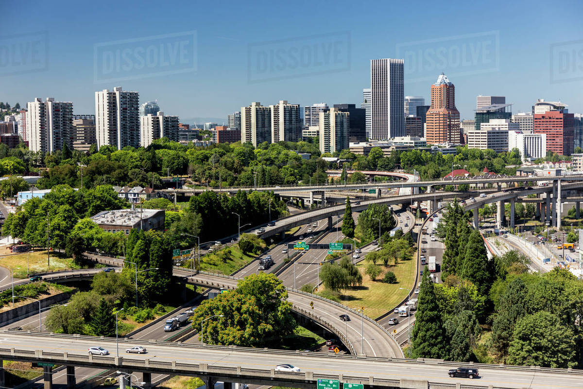 USA, Oregon, Portland. A view of the highways and downtown from the ...