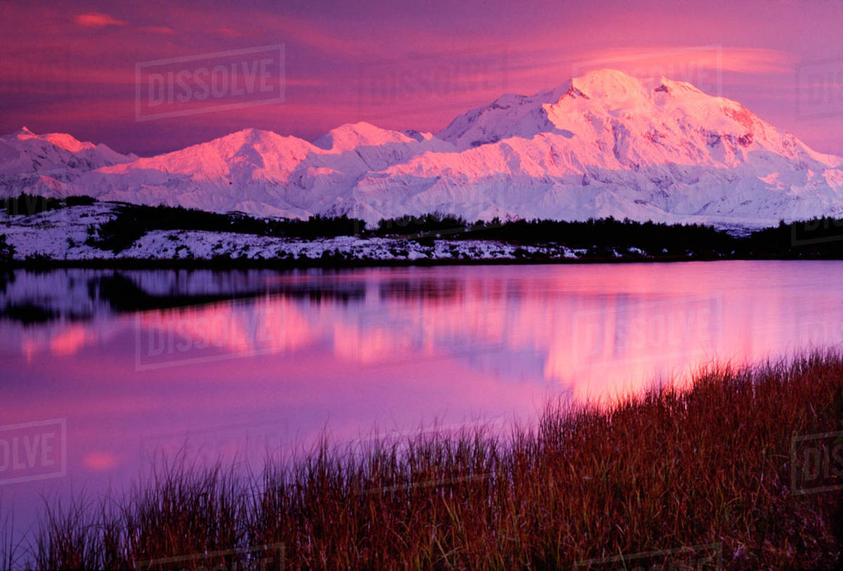 Mt. Denali at sunset from Reflection Pond - Stock Photo - Dissolve