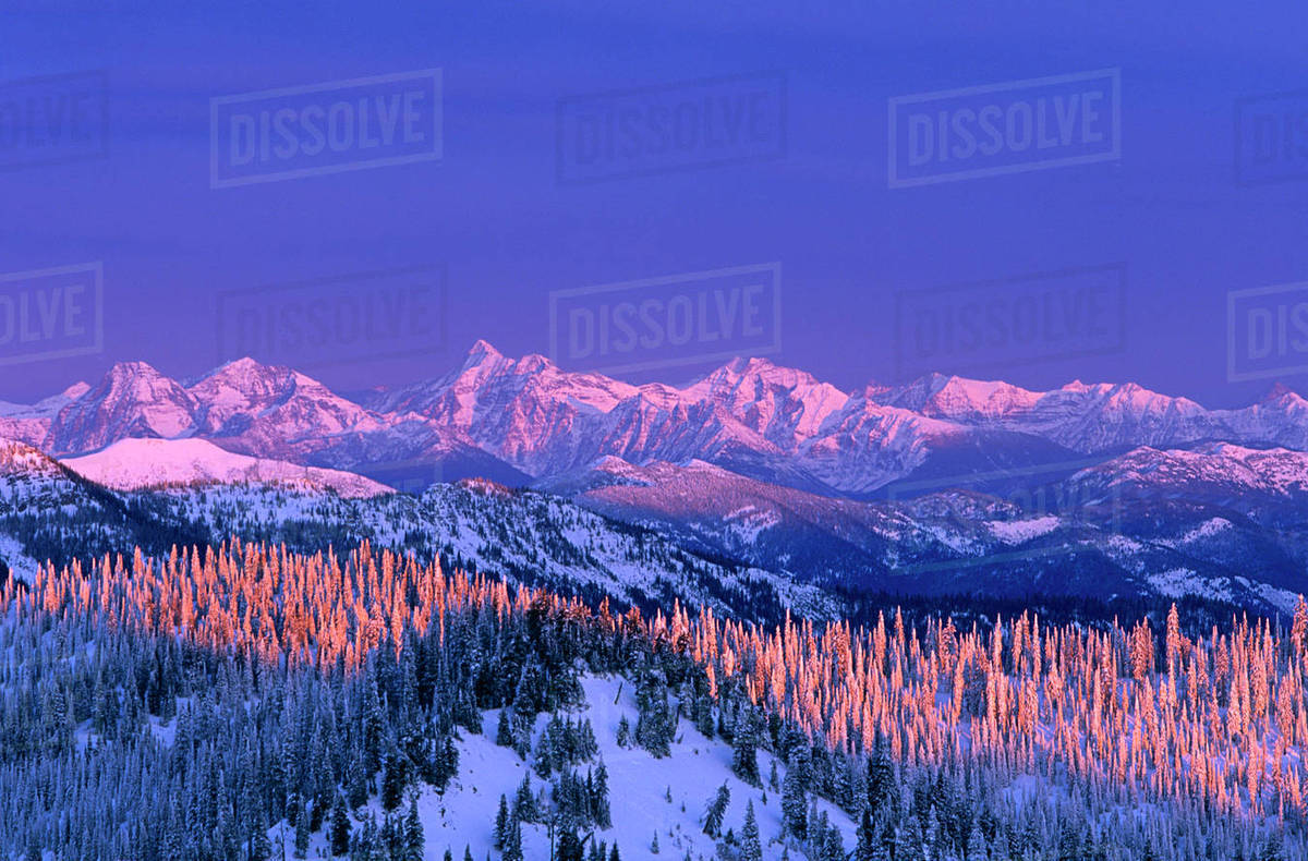 Alpenglow strikes the peaks of Glacier National Park from the summit of ...