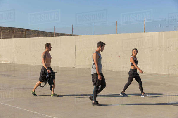 Athletes walking before workout, Van Nuys, California, USA - Royalty ...