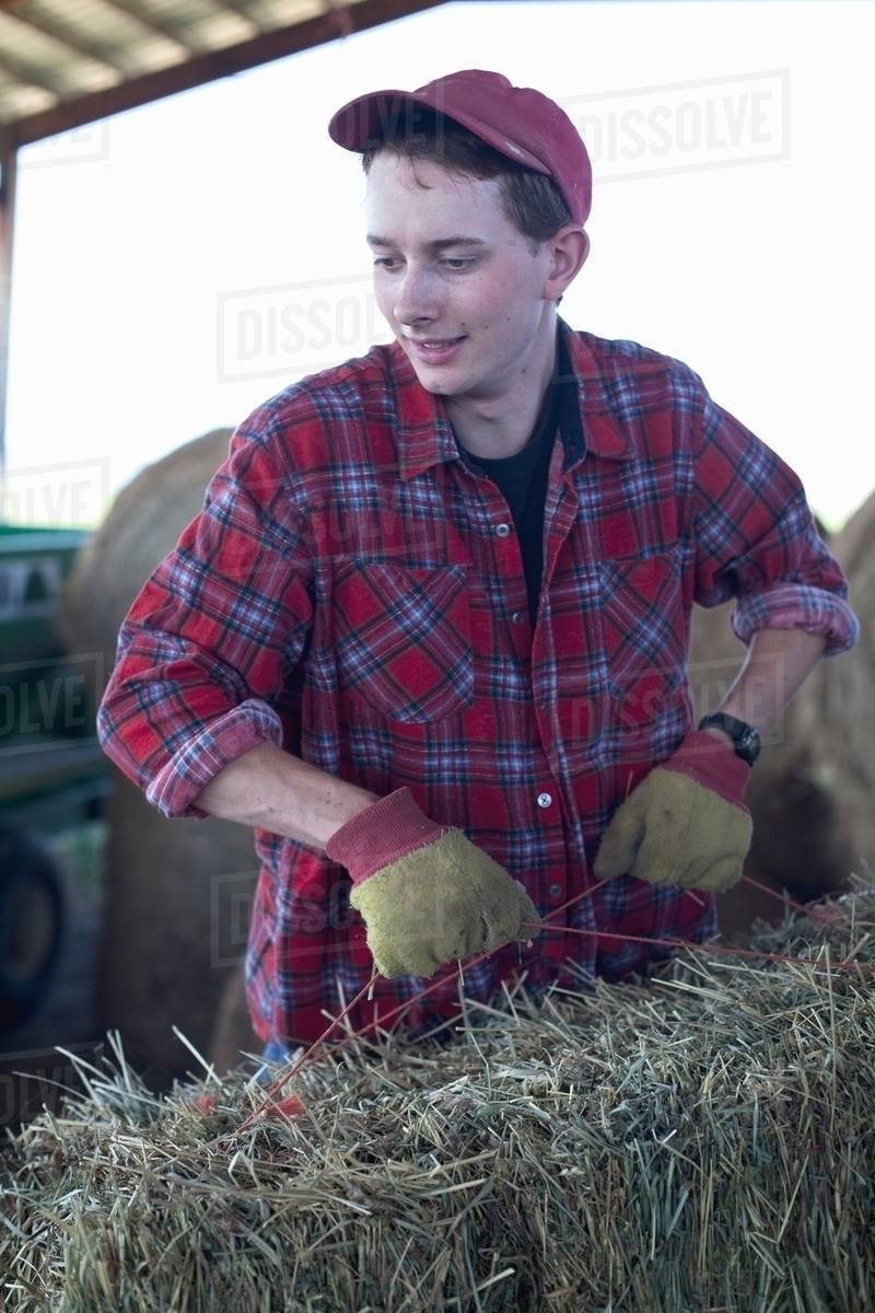 Young farmer lifting straw bale - Royalty-free Stock Photo | Dissolve