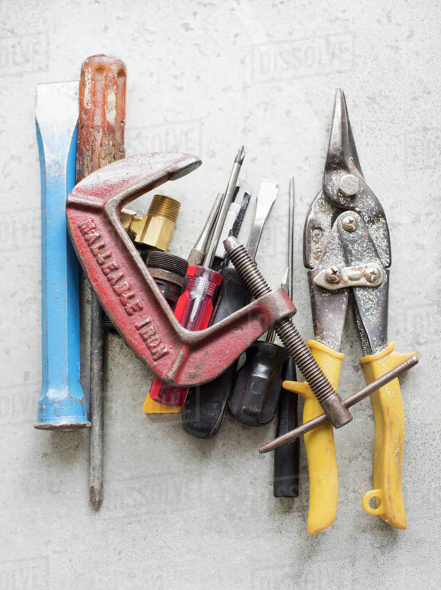 Overhead view of hand tools - Stock Photo - Dissolve